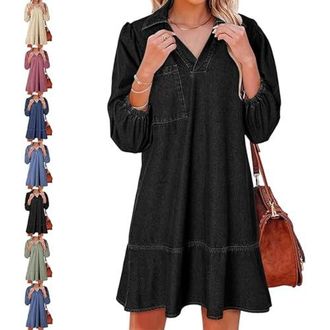 Generic Robe en jean à col en V et manches bouffantes pour femme, col en V, ample, avec poches, Noir, XXL