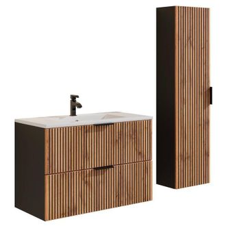 Vente-Unique Vente-unique - Meuble de salle de bain suspendu stri&eacute; avec vasque &agrave; encastrer et colonne - Naturel clair et noir - 80 cm - madela