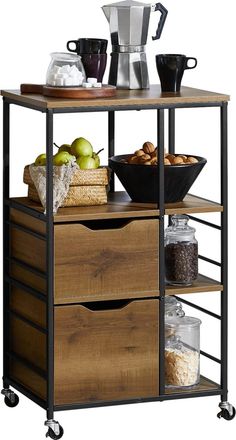 SoBuy Servierwagen mit Rollen Rollwagen mit Schubladen K&uuml;chenwagen Beistelltisch Holz mit 3 Ablagen Metalll K&uuml;chenregal im Industrial Design f&uuml;r K&uuml;che & Hau