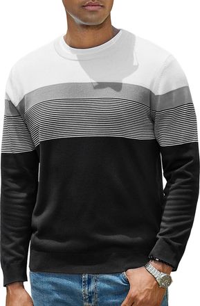 iClosam Herren Rundhals Pullover Gestreifter Langarmpullover Baumwoll-Mix Winterpullover Klassischer Pulli, Regular Fit Strickpullover,Schwarz,3XL
