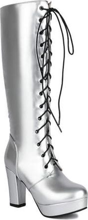 Generic Bottes déquitation montantes en cuir PU verni pour femme avec lacets, plateforme et talon haut, chaussures gothiques tendance avec fermeture éclair, A