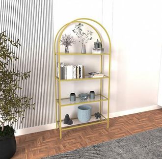 Hanah Home Elegant Gold Bookshelf with Clear Tempered Glass, 80 x 30 x 175 cm | Sturdy Metal Legs (15 mm) | Modern Design for Home & Office Storage