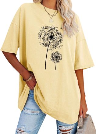 Dresswel Tshirt Damen Oversize Pusteblume Druck T-Shirt Kurzarm Rundhals L&auml;ssiges L&ouml;wenzahn Blumen Tee Shirts Sommer Oberteile Lose Lang Tops Bluse f&uuml;r Teenage