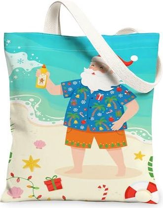 Generic Sacs fourre-tout en toile motif P&egrave;re No&euml;l tropical, sacs d&eacute;picerie r&eacute;utilisables, l&eacute;gers et lavables avec bandouli&egrave;re en toile, bleu, 13x15 Inch