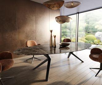 DELIFE Esstisch Edge Oval 315x150 Keramik Emperador Extra Lucidato Dunkelbraun Zenthara kantig Metall Schwarz, Esstische