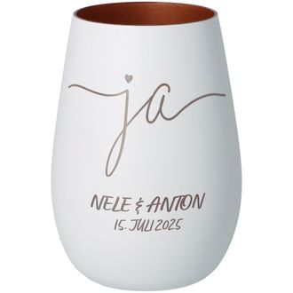 Goodtimes Windlicht Ja mit individuellen Namen und Datum (Wei&szlig; & Bronze)