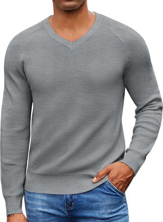 Coofandy Herren V-Ausschnitt Pullover Langarm Feinstrick Pullover Basic Sweater Grau XXL