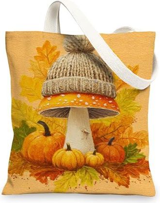 Generic Sacs fourre-tout en toile dautomne, motif champignon mignon, sacs dépicerie, sacs dépicerie réutilisables, nature vintage, léger, lavable avec bandoul