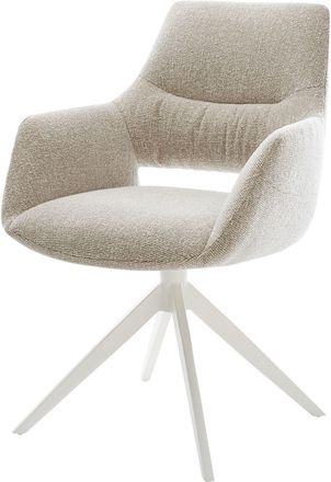 DELIFE Esszimmerstuhl Yago-Flex mit Armlehnen Kreuzgestell breit Wei&szlig; Webstoff Soft Beige 360&deg; drehbar Wippfunktion Taschenfederkern