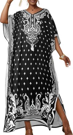 Bsubseach Ethnische Kaftan Kleider f&uuml;r Frauen Plus Gr&ouml;&szlig;e Strand Cover Up Kurze &Auml;rmel Strandkleid Kaftan Loungewear Schwarz
