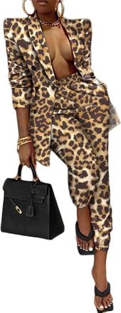 ORANDESIGNE Damen Zweiteiliger Anzug Set Revers Business Büro Einfarbig Blazer Langarm Anzugjacke Hosenanzug Slim Fit Shorts 2 Stück Anzugsets D Leopard XXL