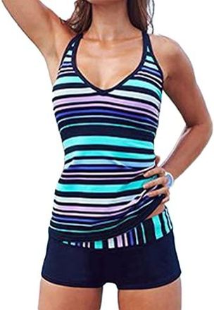 Minetom Maillot de Bain 2 Pièces Femme Tankini Ensembles Maillots Bikini Set sans Manches Débardeur et Short D Bleu 3XL