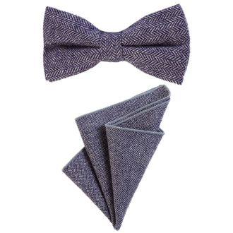 DonDon Herren Fliege 12 x 6 cm mit farblich passendem Einstecktuch 23 x 23 cm beides aus Baumwolle im Tweed Look blau kariert