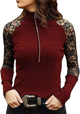 Onsoyours Hauts Femme Mode Col en V Blouse Dentelle Manches Longues T-Shirts Basique Couleur Unie Shirt &Eacute;l&eacute;gant Tops L&acirc;che Mousseline Chemise E Vin Rouge M