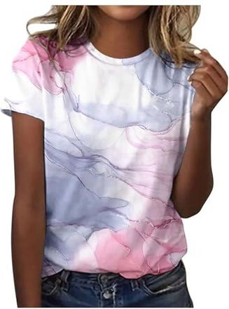 Generic T-shirt pour femme Printemps et &Eacute;t&eacute; Color&eacute; Imprim&eacute; Manches Courtes O-Neck, Rose, XXL