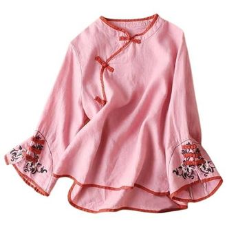 Generic T-shirt pour femme printemps nouveau style ethnique r&eacute;tro temp&eacute;rament broderie ample et confortable Chemise fine &agrave; manches longues Top, Rose, 3XL