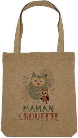 Fabulous Sac Shopping Tote Bag Aspect Lin - Maman Chouette et son B&eacute;b&eacute; Dessin Illustration - Sac de Courses Toile Epaisse 360g Beige Naturel Cabas Port&eacute; Epaule