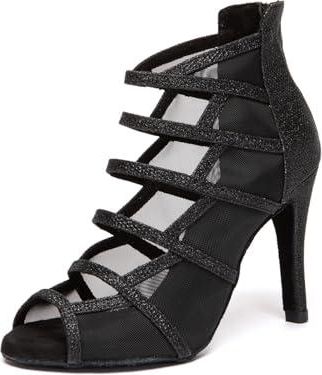 Minitoo Chaussures de danse latine pour femme - Chaussures de danse, L654 Noir 9 Talon 8 cm, 41.5 EU