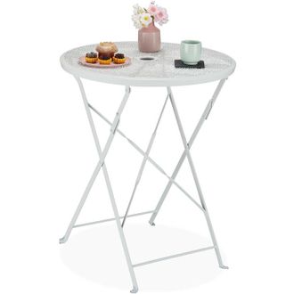 Relaxdays Table de balcon, trou parasol, motifs terrazzo, h x d : 71,5 x 60,5 cm, acier, pliante, console ronde, blanc - Relaxdays