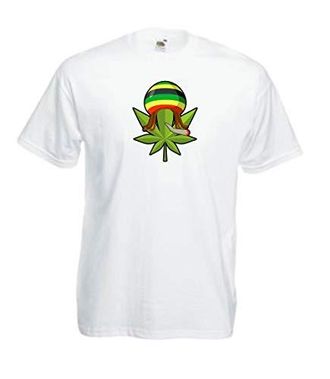 morefaz Homme Femme T-Shirt Ganja Moustache Leaf Weed Rasta Face Short Sleeve 420 (White T-Shirt Ganja NR 11, L)