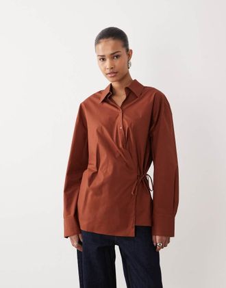 Mango Oversize-Hemdbluse aus reiner Baumwolle in dunklem Orange mit Bindeg&uuml;rtel