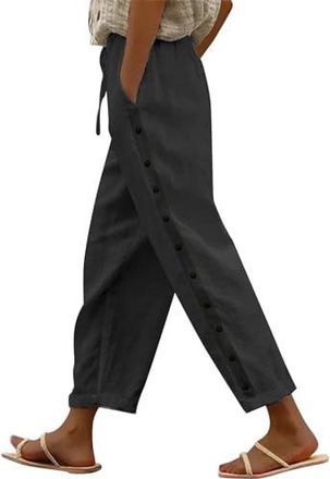 Generic Pantalon de travail en lin pour femme - Décontracté - Rayé - Boutons latéraux - Avec poches - Jambe droite - Cordon de serrage - Taille élastique - Lé