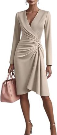 Generic Robe portefeuille fronc&eacute;e &agrave; manches longues pour femme, col en V, coupe ajust&eacute;e, couleur unie, robe de base dautomne et dhiver, champagne, XXL