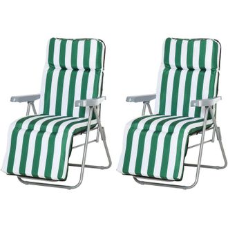 OUTSUNNY Lot de 2 chaise longue bain de soleil adjustable pliable transat lit de jardin en acier vert + blanc