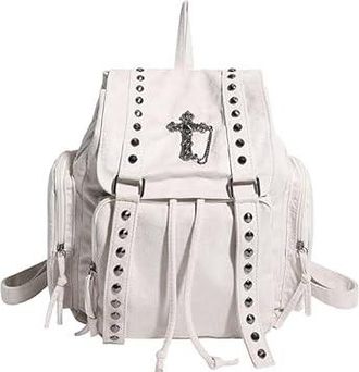 Generic Sac &agrave; dos d&eacute;cole gothique Punk pour femmes, grand sac &agrave; dos &agrave; Rivets avec cordon de serrage (blanc)
