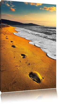 Pixxprint Spuren Im Sand am weiten Meer schwarz, B&W, Gr&ouml;&szlig;e: 60x40cm, Leinwandbild, fertig gespannt, Wandbild, Dekoration, Kunstdruck, kein Poster