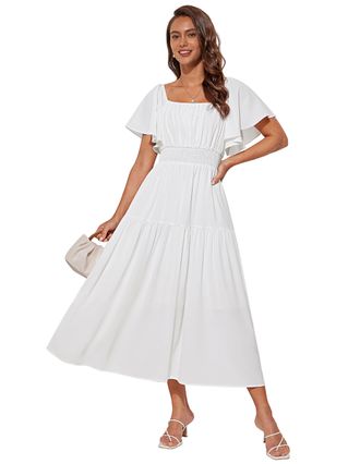 Grace Karin Damen Brautjungfernkleid Sommer Maxikleid Chiffonkleid Elastische Taille A-Linie Kleid Wei&szlig; L