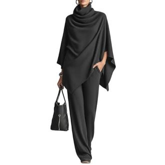 Generic Tenues 2 pi&egrave;ces pour femme - Col roul&eacute; - Ch&acirc;le - Chauve-souris - Hauts tricot&eacute;s - Cape - Poncho - Pantalon large - &Eacute;l&eacute;gant drap&eacute; - Ensemble deux pi&egrave;ce