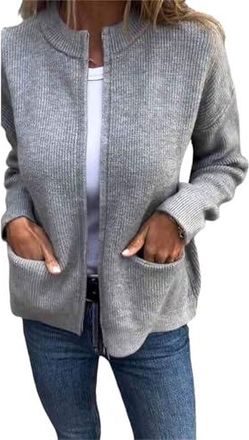 Generic Veste en Maille &agrave; col Rond et Fermeture &eacute;clair, Pull zipp&eacute; uni pour Femme, Veste Tendance &agrave; col Rond avec Poches (Gray,Taille Unique)