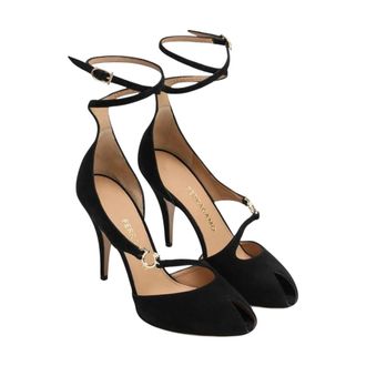 Ferragamo Suede Peep-Toe Ankle Strap Heels - - Shoes - Damen - Schwarzk - 37 1/2 EU