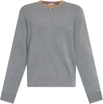 Burberry Homme, Pulls, Gris, Taille: XL Pull en laine avec bordure &agrave; carreaux
