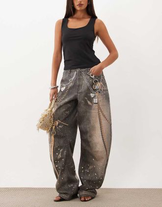 AFRM pantalon barrel taille haute &agrave; cinq poches avec imprim&eacute; Walker d&eacute;lav&eacute; noir vintage-Bleu