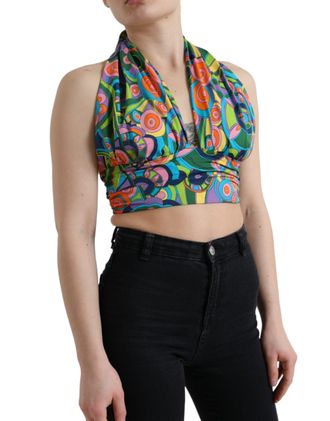 Dolce & Gabbana Womens Multicolor Halter Sleeveless Cropped Tank Top Silk