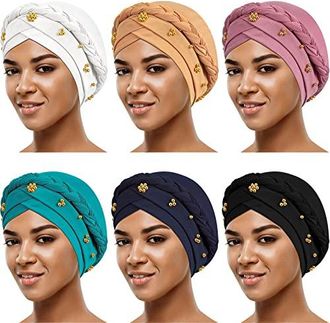 Satinior Lot de 6 Turban torsad&eacute;s pour Femme Africaine avec Perles et Fausses Perles (Noir, Blanc, Bleu lac, Rose, Kaki, Bleu Marine, Style Perle), Noir, Blanc