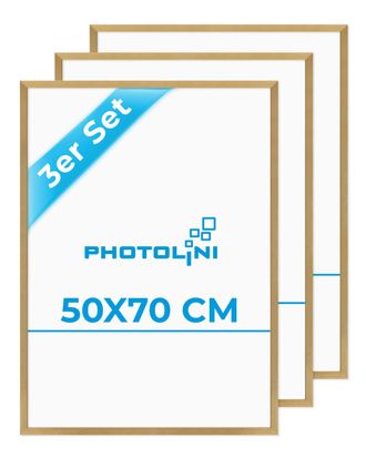 Photolini Bilderrahmen 50x70 Gold 3er Set Holz MDF, 50x70 cm Bilderrahmen gro&szlig;, Rahmen 70x50 Puzzle, bruchsicheres Acrylglas, picture frame zum Aufh&auml;ngen, Fotor