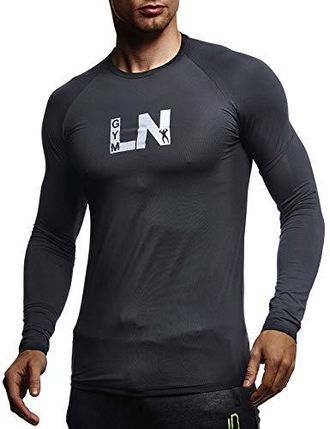LEIF NELSON Gym 6316 T-shirt de fitness &agrave; col rond, coupe ajust&eacute;e, manches longues, col rond, sweat-shirt &agrave; capuche pour le bodybuilding, noir/argent, M