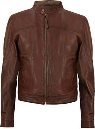 Infinity Leather Veste Harrington Homme Ajustée en Cuir Véritable Marron avec Col en Cuir Véritable 3XL