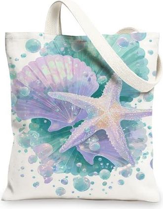 Generic Sacs fourre-tout en toile sur le thème de locéan, motifs artistiques coquillages et étoiles de mer, sacs de courses réutilisables, légers et lavables,