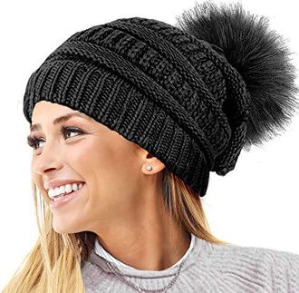 TOSKATOK Femmes Texture Tricot Beanie avec Detachable Fourrure Faux Pom Pom