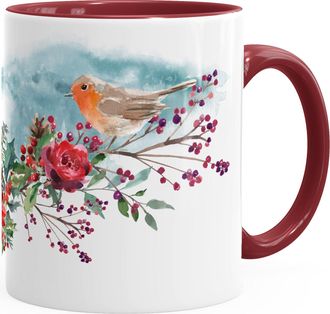 Autiga Kaffee-Tasse Vogel Rotkehlchen Blumen Misteln Watercolor Bird Weihnachten Christmas bordeauxrot unisize