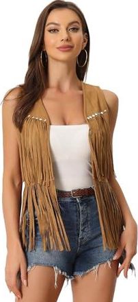 Allegra K Gilet &agrave; Franges Femme Devant Ouvert Veste Vintage sans Manches Style Cowboy des Ann&eacute;es 70 Cardigan en Faux Su&egrave;de &agrave; Pompons Jaune XS