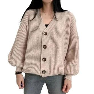 Generic Pull r&eacute;tro polyvalent &agrave; col en V pour femme - Couleur unie - Manches longues - Col en V - Boutonn&eacute;, Abricot, XS