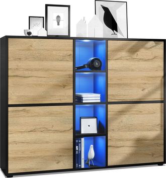 Vladon Highboard Cuba V3, Made in Germany, Schwarz matt/Eiche Natur inkl. LED - Moderne Anrichte mit 12 Fächern (130,5 x 105,5 x 35,5 cm)