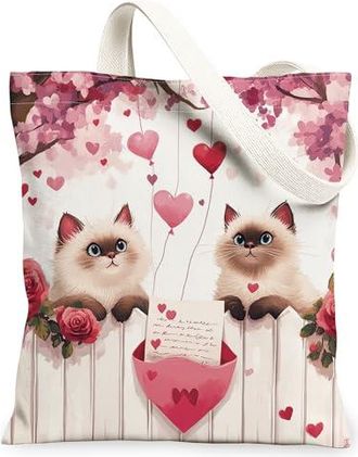 Generic Sac fourre-tout en toile r&eacute;utilisable pour la Saint-Valentin Motif chat ragdoll 33 x 38 cm, couple de ferme, amoureux des animaux, sac d&eacute;picerie pour 