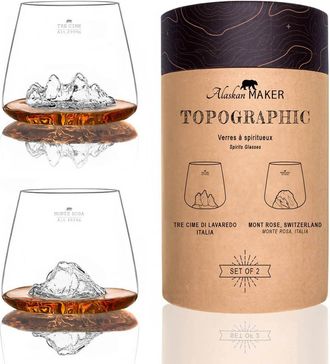 Alaskan Maker Whiskygläser, 350 ml (2 Stück) - Hochwertige Kristallgläser mundgeblasen mit erhabenen Bergen | Tulpenform | TOPOGRAPHIC Spirituosen (Tre Cime & Monte