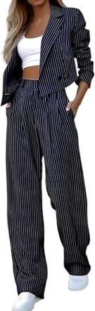 Generic Ensemble 2 pi&egrave;ces &eacute;l&eacute;gant pour femme - Haut &agrave; manches 3/4 et pantalon taille haute - Uni - Tenue de d&eacute;tente et de rue - Ensemble assorti, bleu, XXL